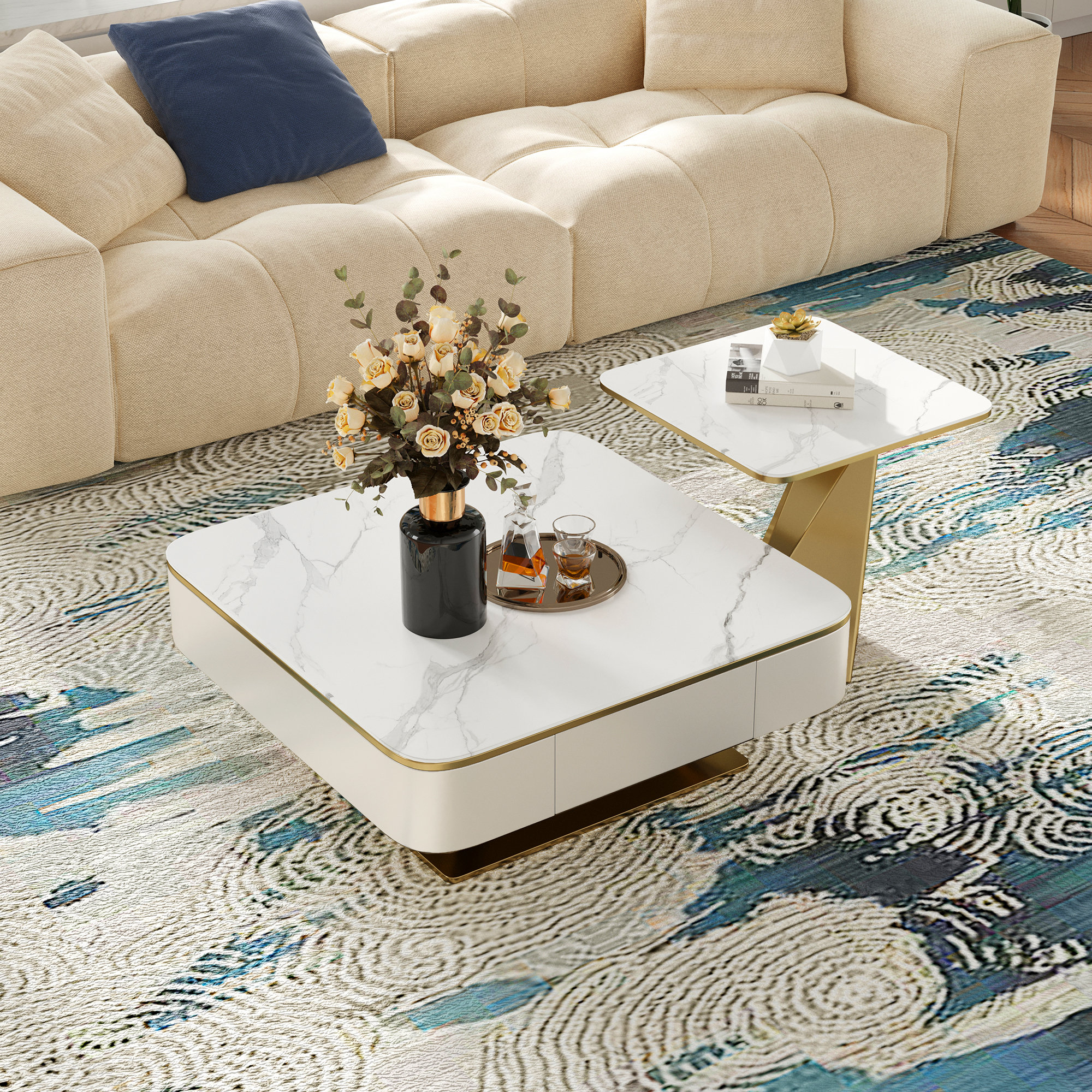 Hokku Designs Zalea 35.4" Luxurious Square Stone Nesting Coffee Table with Storage | Wayfair